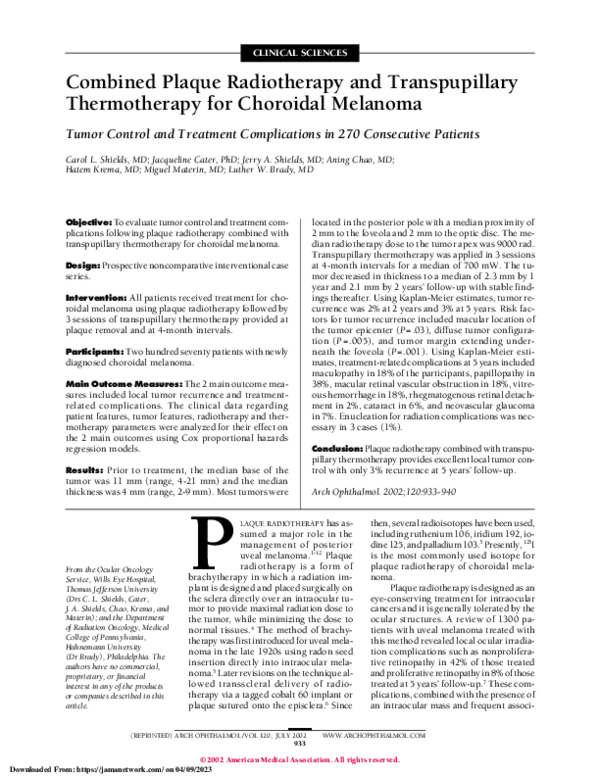 (PDF) Combined Plaque Radiotherapy and Transpupillary Thermotherapy for Choroidal Melanoma