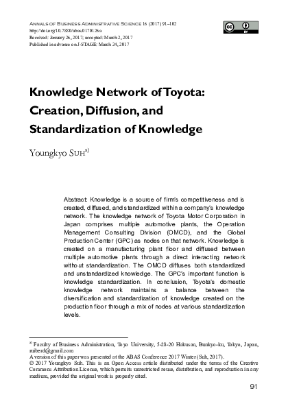 (PDF) Knowledge Network of Toyota: Creation, Diffusion, and Standardization of Knowledge