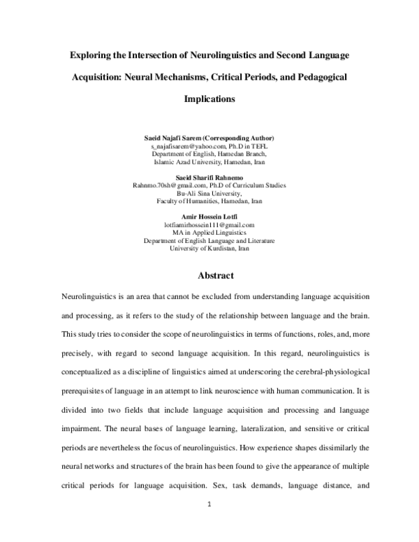 (PDF) Exploring the Intersection of Neurolinguistics and Second Language Acquisition: Neural ...