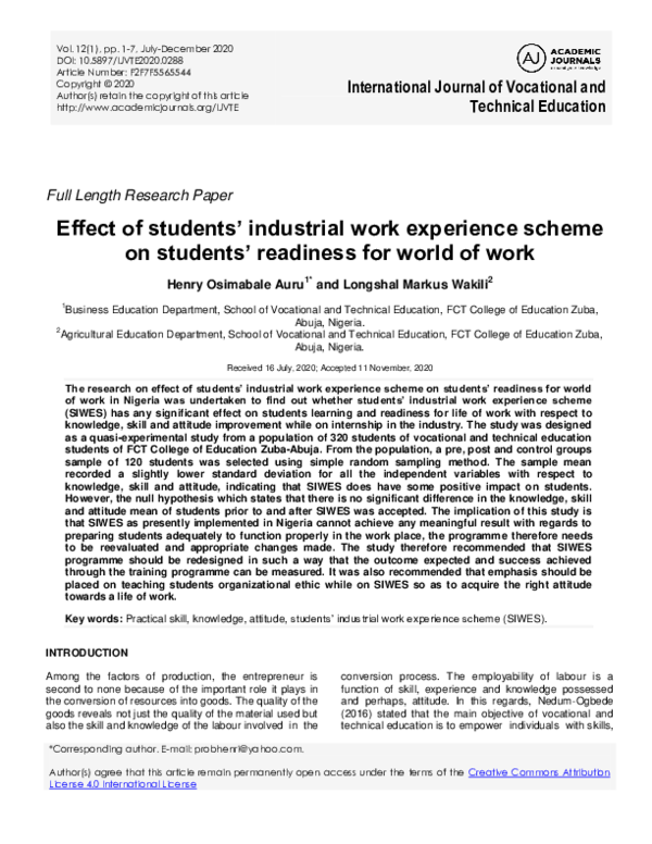 (PDF) Effect of students' industrial work experience scheme on students ...