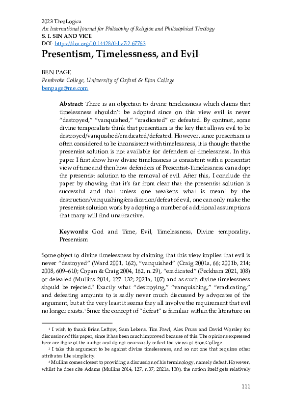 (PDF) Presentism, Timelessness, and Evil