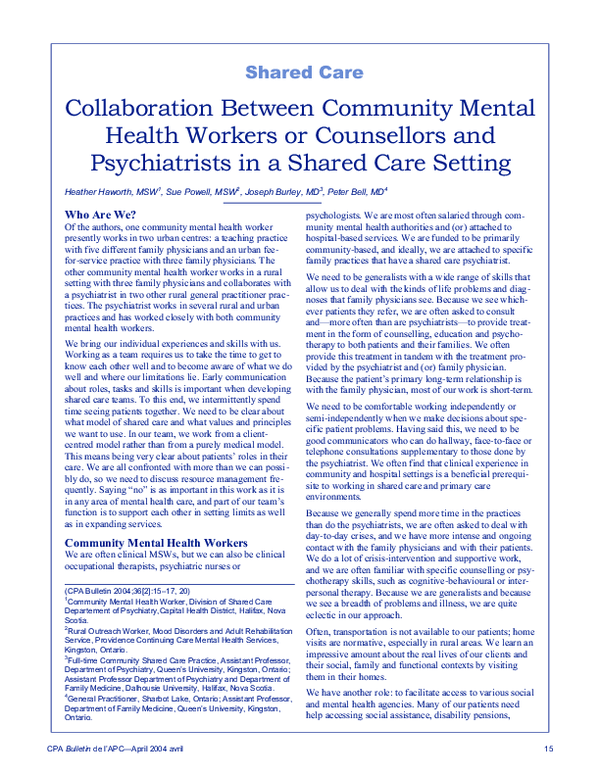 (PDF) Shared Care Collaboration Between Community Mental Health Workers ...