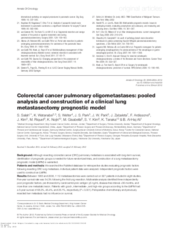 (PDF) Colorectal cancer pulmonary oligometastases: pooled analysis and construction of a ...