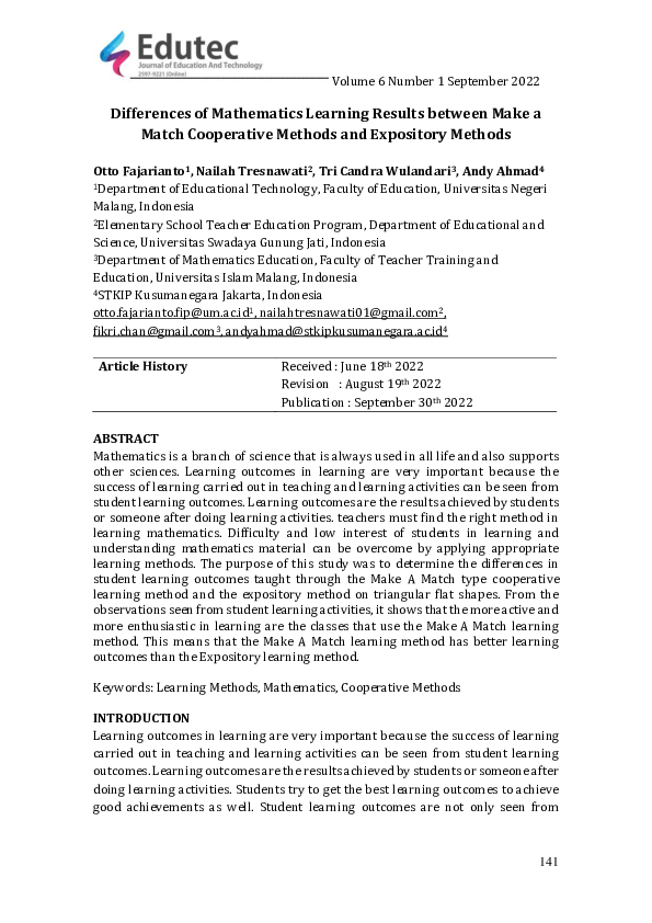 (PDF) Differences of Mathematics Learning Results between Make a Match ...