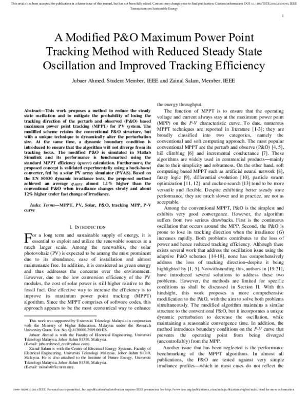 (PDF) A Modified P&O Maximum Power Point Tracking Method With Reduced Steady-State Oscillation ...