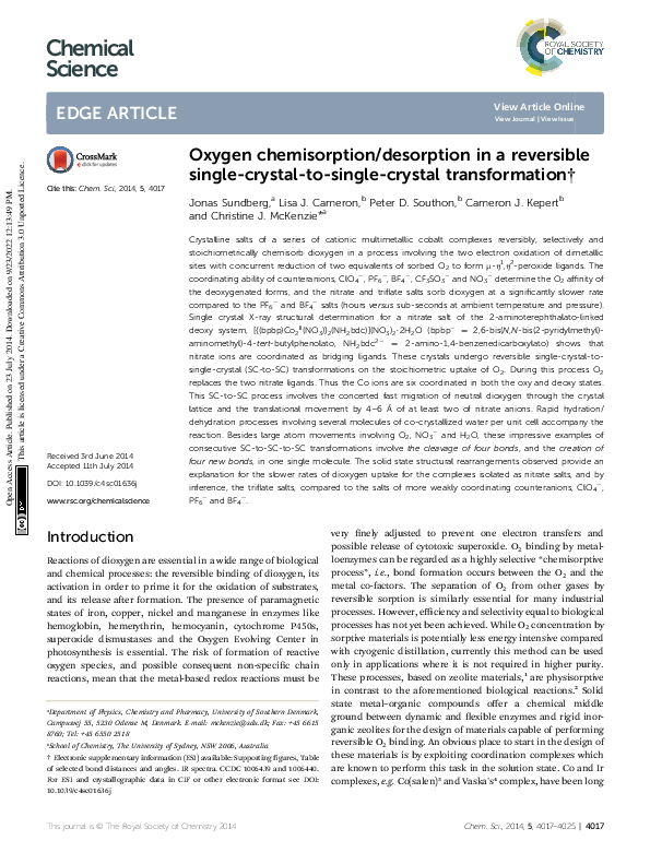 (PDF) Oxygen chemisorption/desorption in a reversible single-crystal-to ...