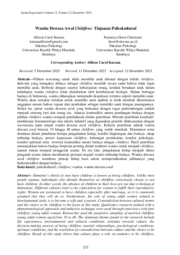(PDF) Wanita Dewasa Awal Childfree: Tinjauan Psikokultural