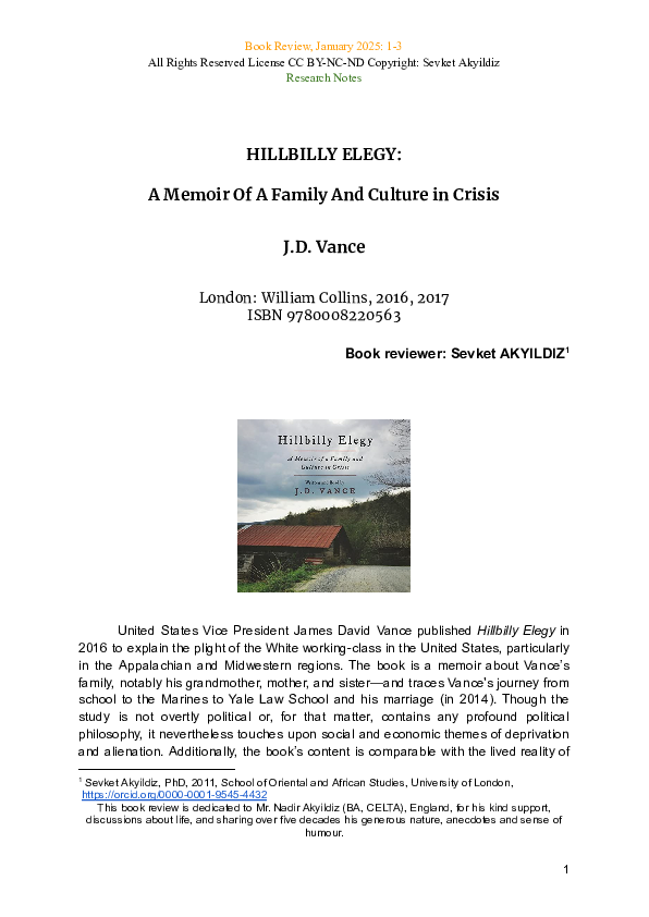 (PDF) J.D. Vance, Hillbilly Elegy: A Memoir Of A Family And Culture in ...