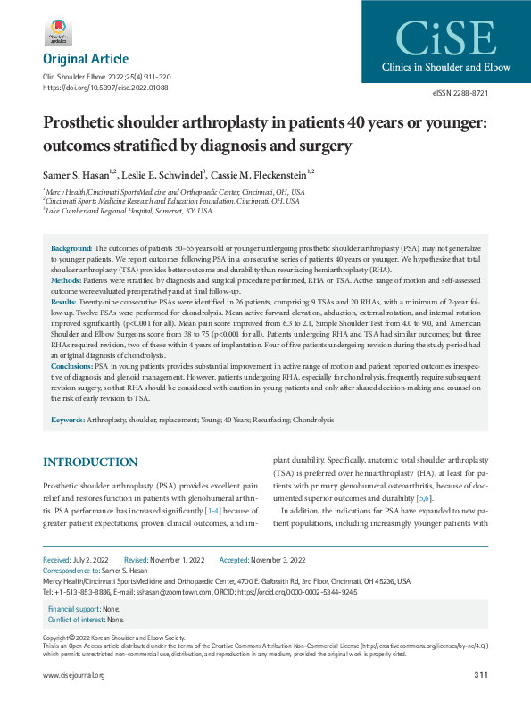 (PDF) Prosthetic shoulder arthroplasty in patients 40 years or younger ...