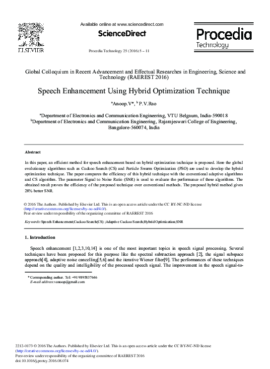 (PDF) Speech Enhancement Using Hybrid Optimization Technique