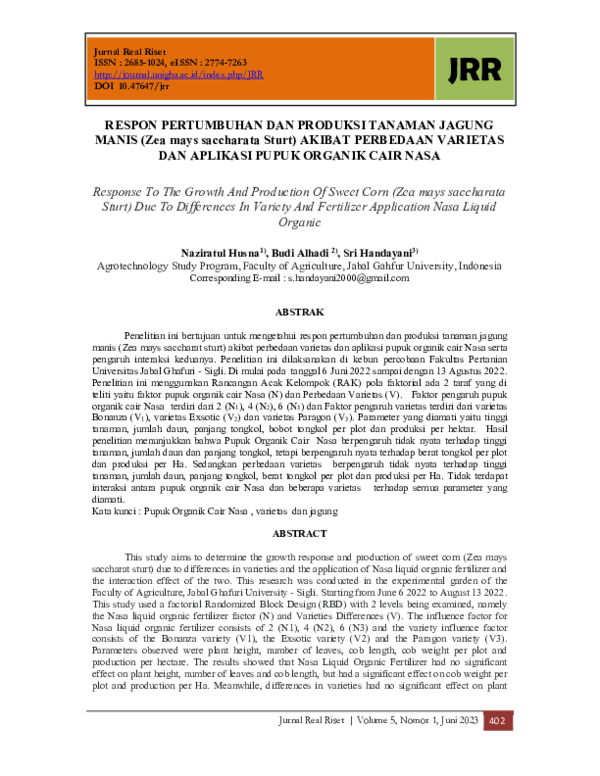 (PDF) RESPON PERTUMBUHAN DAN PRODUKSI TANAMAN JAGUNG MANIS (Zea mays saccharata Sturt) AKIBAT ...