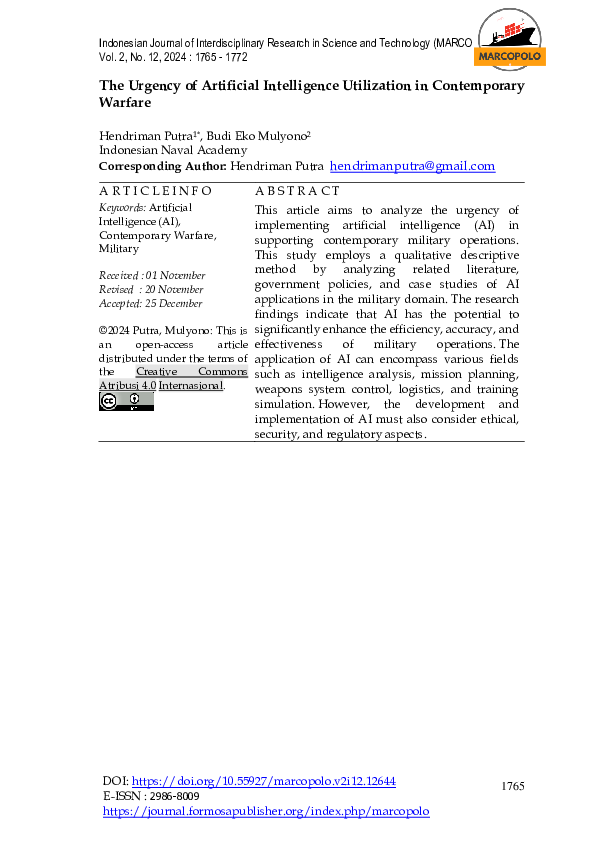 (PDF) The Urgency of Artificial Intelligence Utilization in Contemporary Warfare