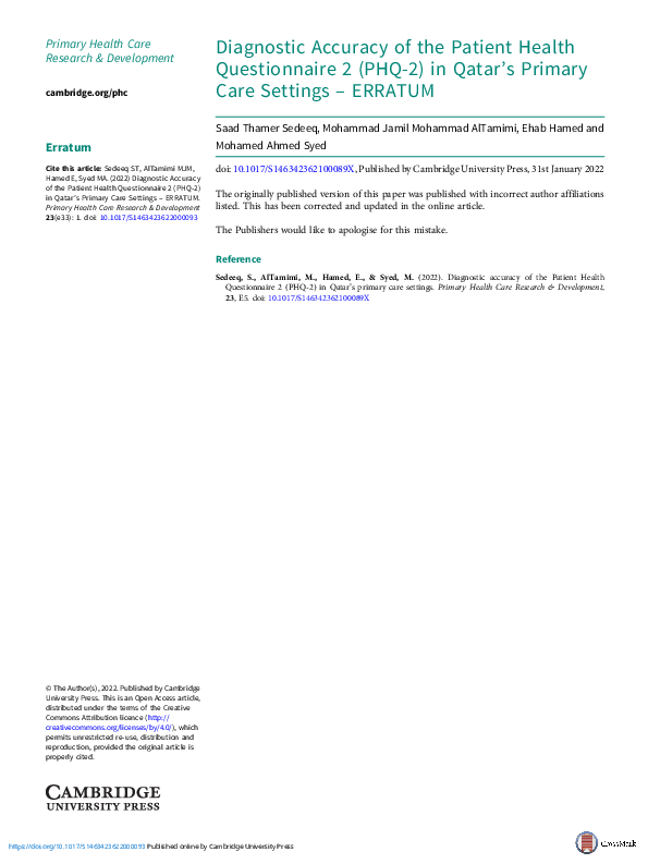 (PDF) Diagnostic Accuracy of the Patient Health Questionnaire 2 (PHQ-2 ...