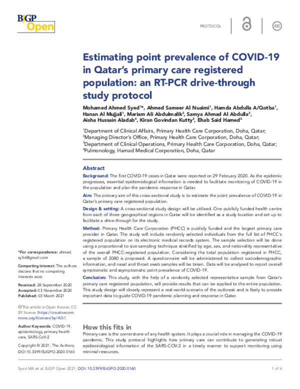 (PDF) Estimating point prevalence of COVID-19 in Qatar’s primary care ...