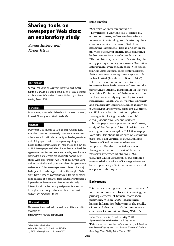(PDF) Sharing tools on newspaper Web sites: an exploratory study