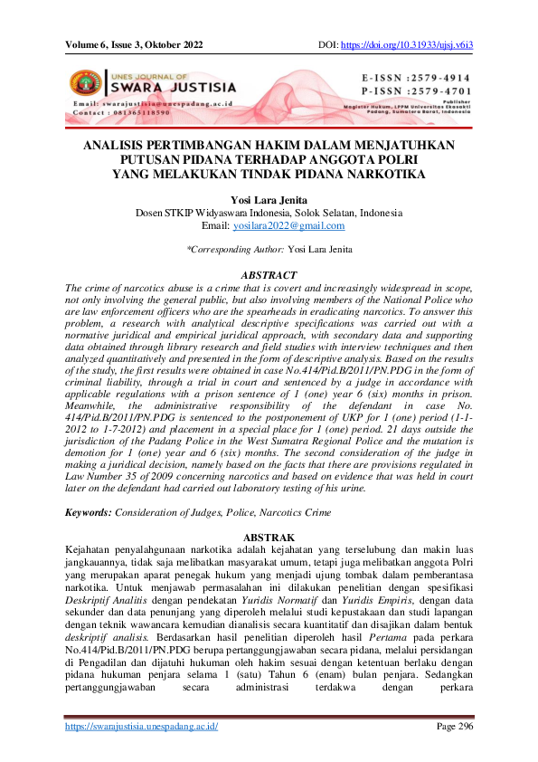 (PDF) Analisis Pertimbangan Hakim Dalam Menjatuhkan Putusan Pidana Terhadap Anggota Polri Yang ...
