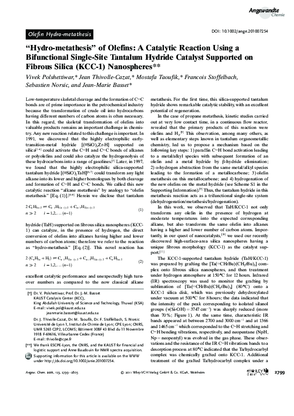 (PDF) “Hydro‐metathesis” of Olefins: A Catalytic Reaction Using a ...
