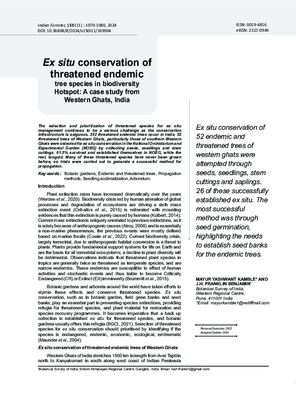 (PDF) Ex situ conservation of threatened endemic tree species in ...