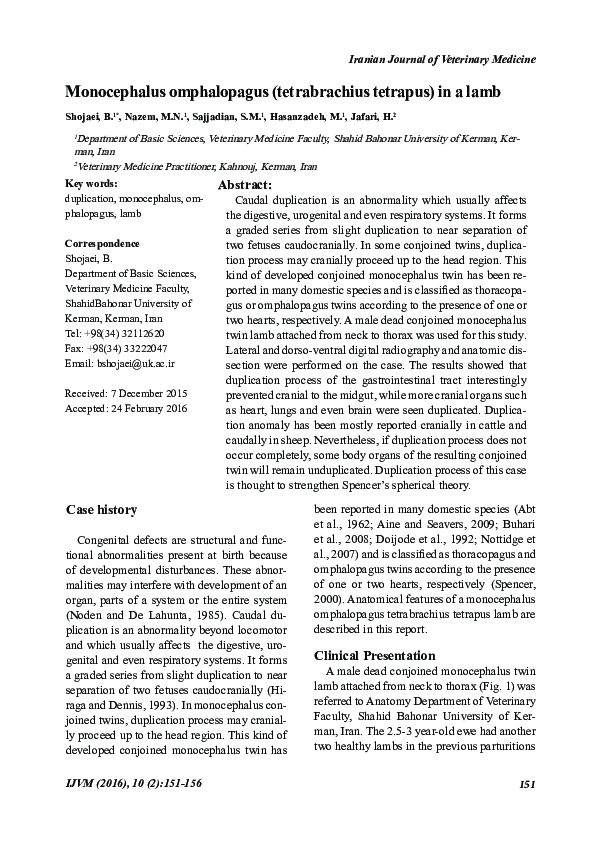 (PDF) Monocephalus omphalopagus (tetrabrachius tetrapus) in a lamb