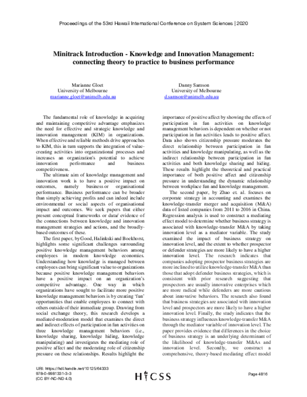 (PDF) Introduction to the Minitrack on Knowledge and Innovation Management: Connecting Theory to ...