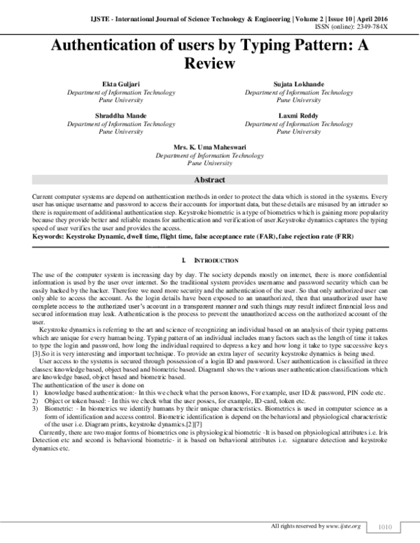(PDF) Authentication of Users by Typing Pattern: A Review