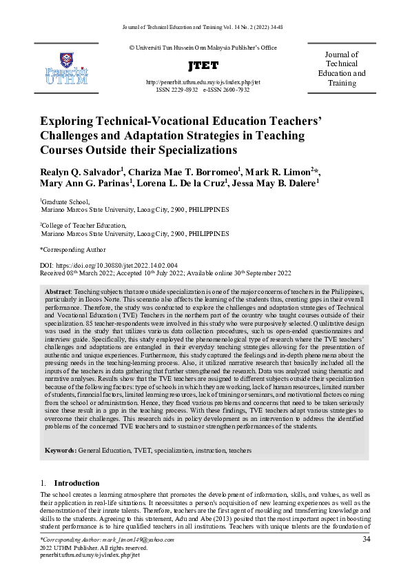 (PDF) Exploring Technical-Vocational Education Teachers’ Challenges and Adaptation Strategies in ...