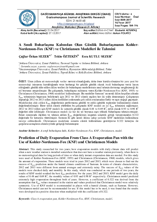 (PDF) A Sınıfı Buharlaşma Kabından Olan Günlük Buharlaşmanın Kohler-Nordenson-Fox (KNF) ve ...