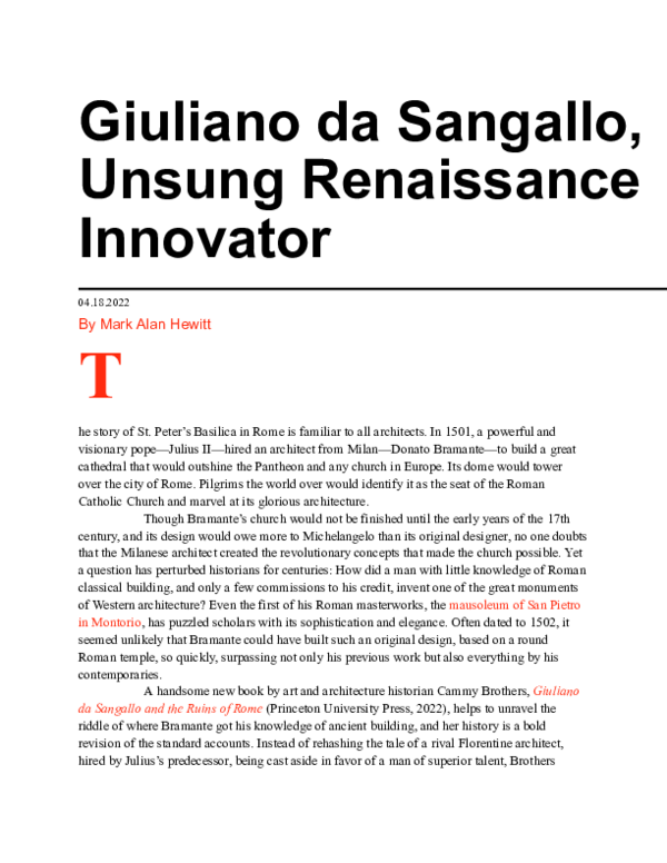 (PDF) Mark Alan Hewitt, Review, Giuliano da Sangallo, Unsung ...