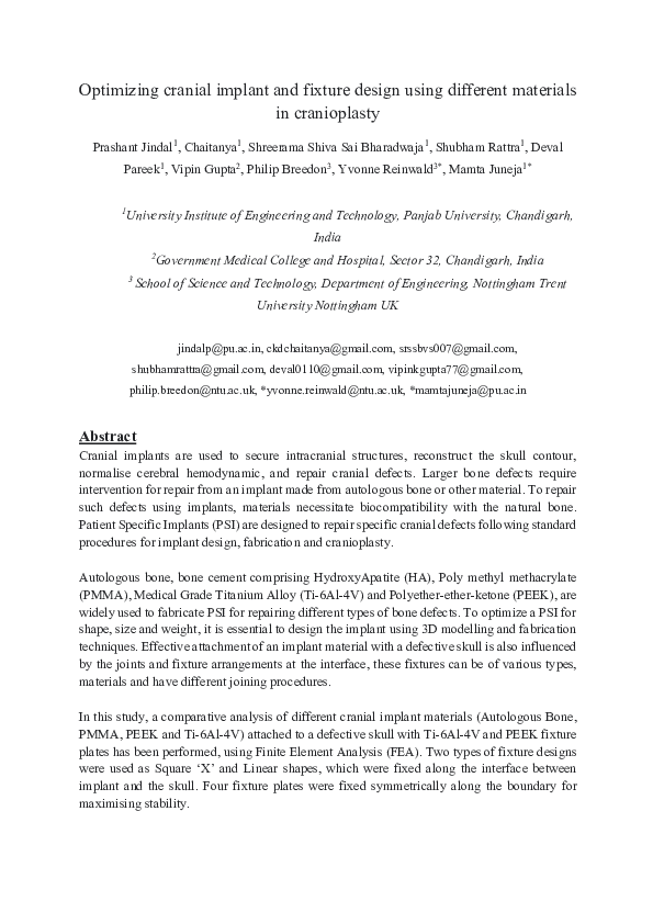 (PDF) Optimizing cranial implant and fixture design using different materials in cranioplasty