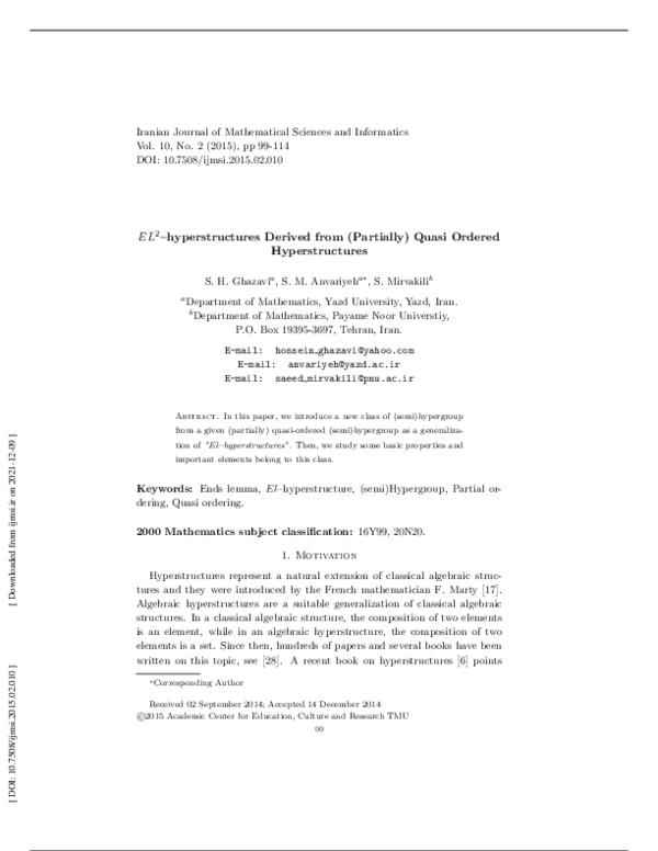 (PDF) EL 2 {hyperstructures Derived from (Partially) Quasi Ordered Hyperstructures