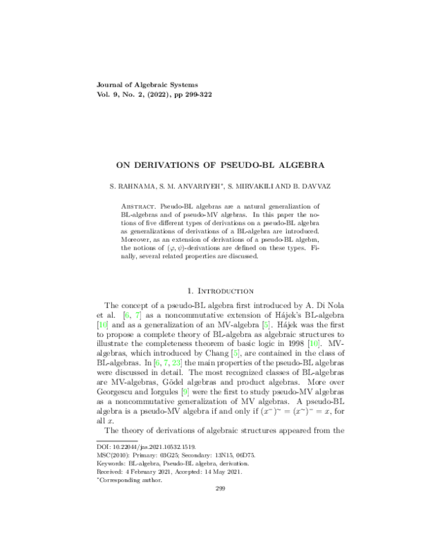 (PDF) On Derivations of Pseudo-BL Algebra