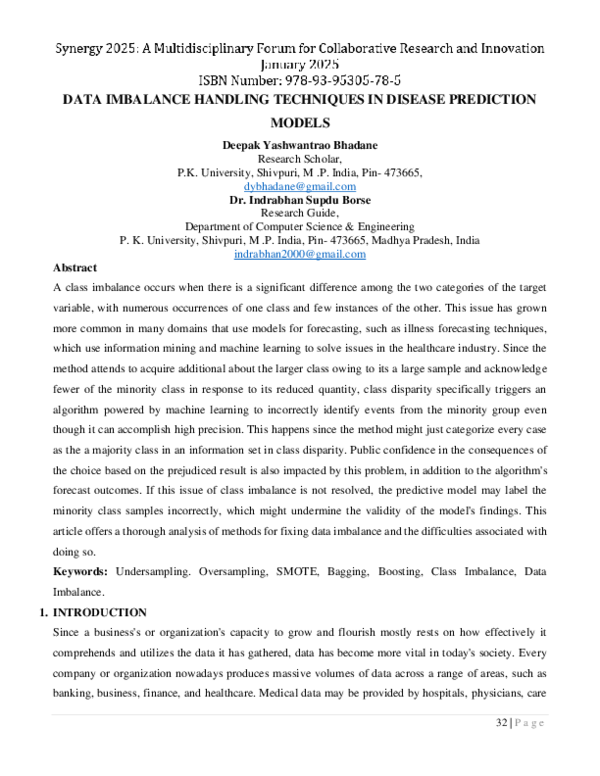 (PDF) DATA IMBALANCE HANDLING TECHNIQUES IN DISEASE PREDICTION MODELS