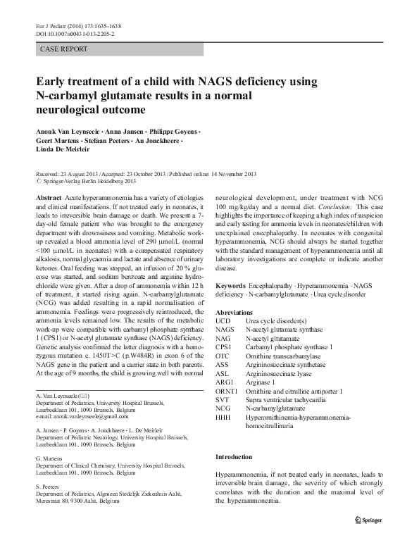 (PDF) Early treatment of a child with NAGS deficiency using N-carbamyl ...