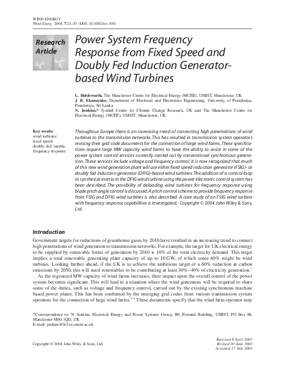 (PDF) Power system frequency response from fixed speed and doubly fed induction generator-based ...