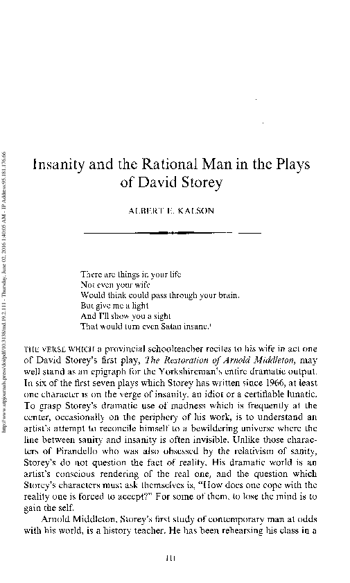 (PDF) Insanity and the Rational Man in the Plays of David Storey