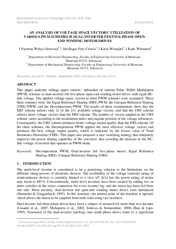 (PDF) An Analysis of Voltage Space Vectors’ Utilization of Various PWM Schemes in Dual-inverter ...
