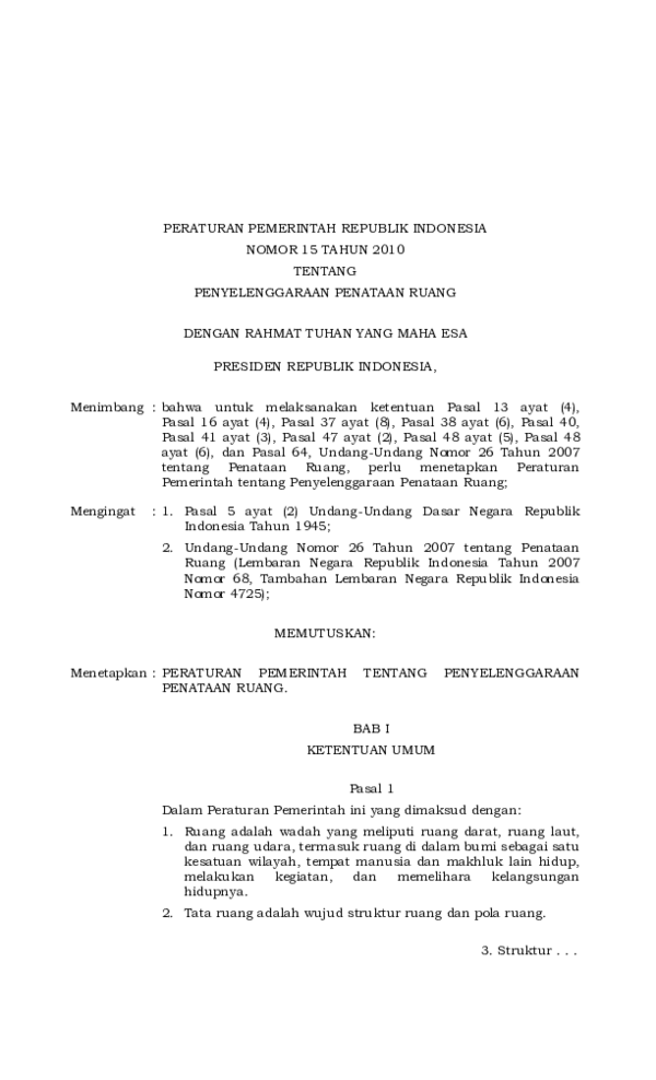(PDF) Peraturan Pemerintah Republik Indonesia Nomor 15 Tahun 2010 Tentang Penyelenggaraan ...