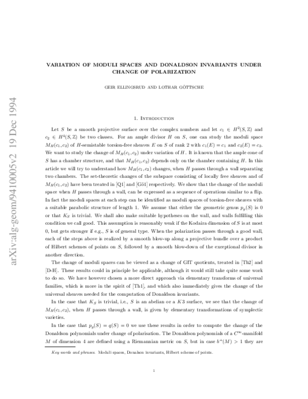 (PDF) Variation of moduli spaces and Donaldson invariants under change of polarization
