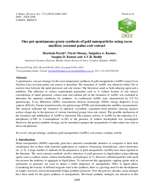 (PDF) One pot spontaneous green synthesis of gold nanoparticles using cocos nucifera (coconut ...