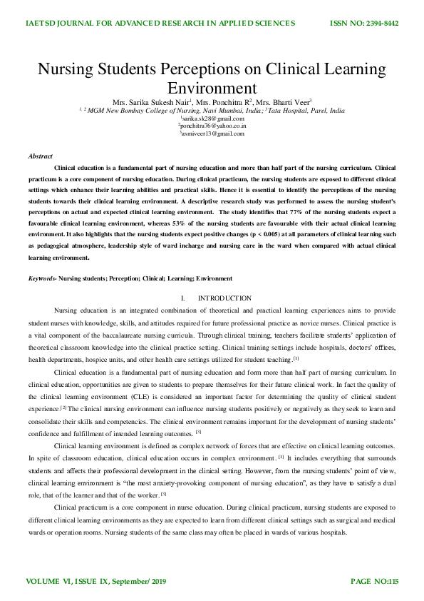 (PDF) Nursing Students Perceptions on Clinical Learning Environment