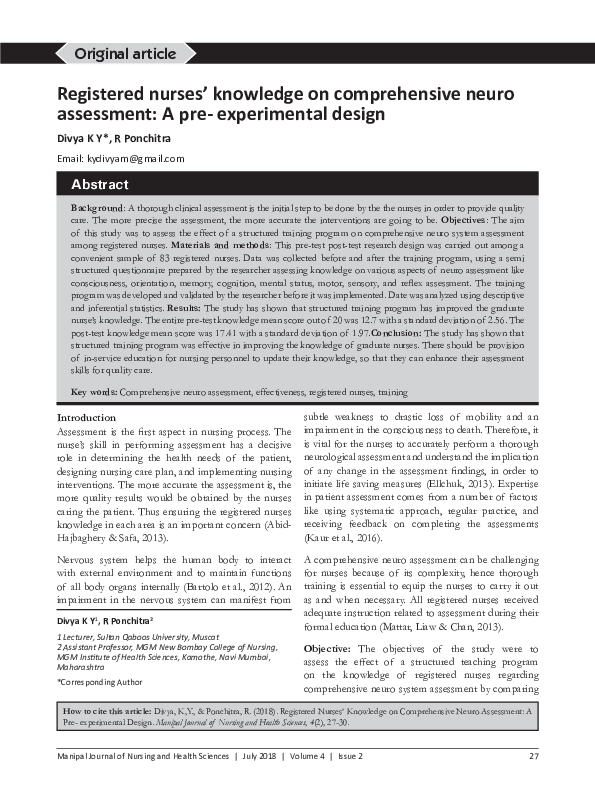 (PDF) Registered nurses' knowledge on comprehensive neuro assessment: A ...