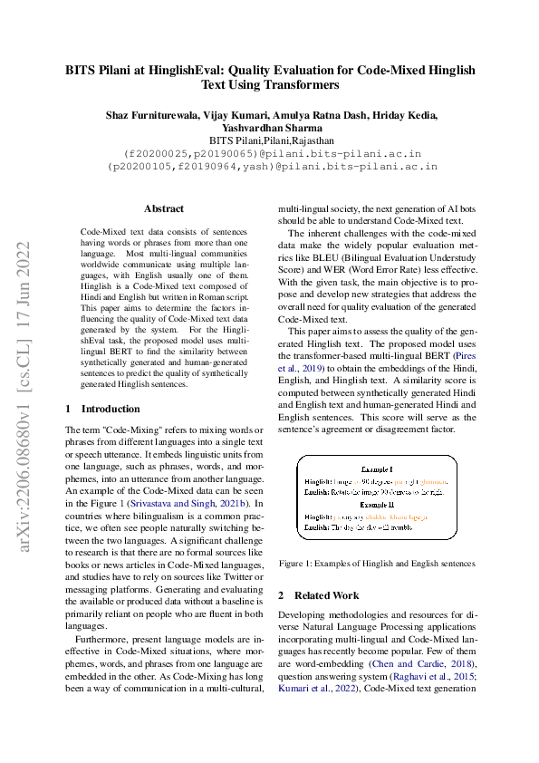 (PDF) BITS Pilani at HinglishEval: Quality Evaluation for Code-Mixed Hinglish Text Using ...