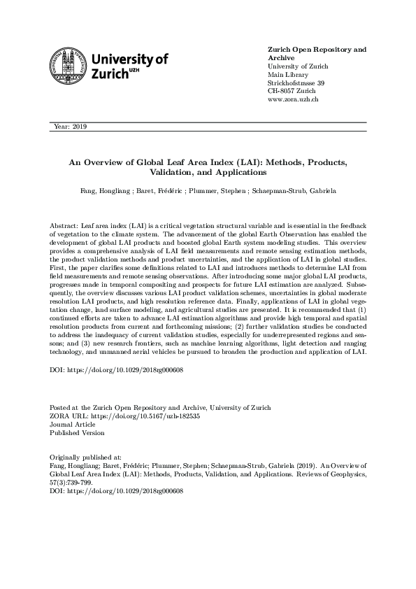 (PDF) An Overview of Global Leaf Area Index (LAI): Methods, Products, Validation, and Applications