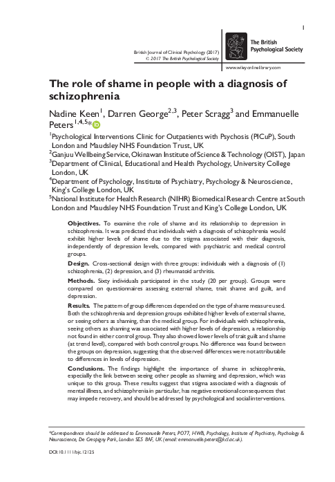 (PDF) The role of shame in people with a diagnosis of schizophrenia