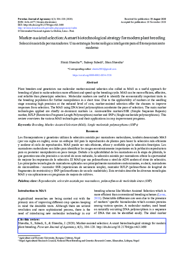 (PDF) Marker-assisted selection: a biotechnological approach for ...