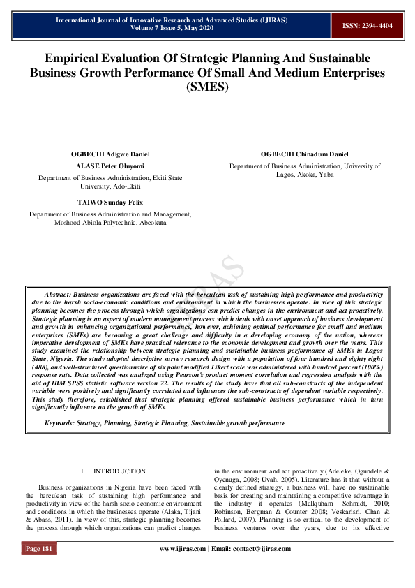 (PDF) Empirical Evaluation Of Strategic Planning And Sustainable Business Growth Performance Of ...