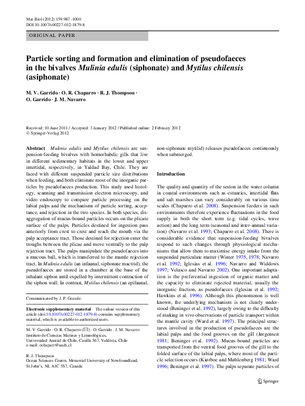 (PDF) Particle sorting and formation and elimination of pseudofaeces in the bivalves Mulinia ...