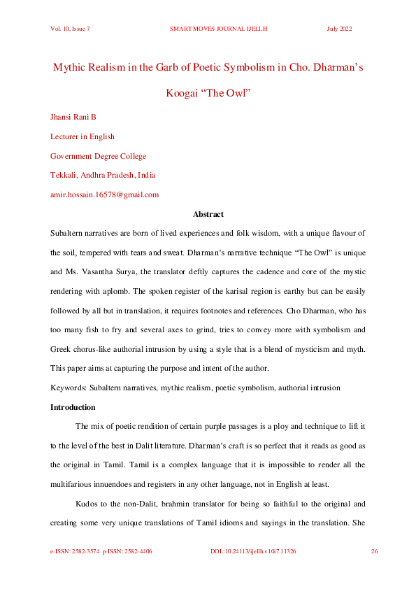 (PDF) Mythic Realism in the Garb of Poetic Symbolism in Cho. Dharman's ...