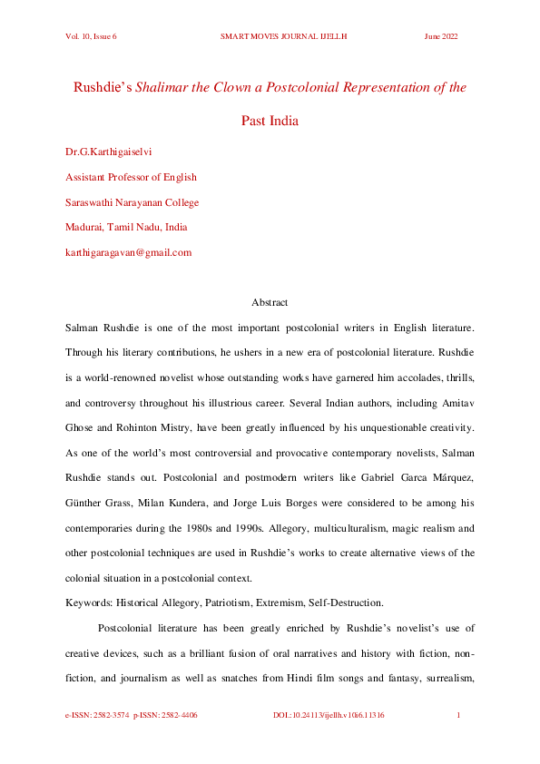 (PDF) Rushdie's Shalimar the Clown a Postcolonial Representation of the Past India