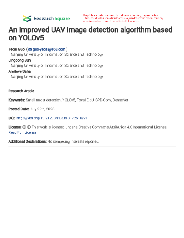 (PDF) An improved UAV image detection algorithm based on YOLOv5